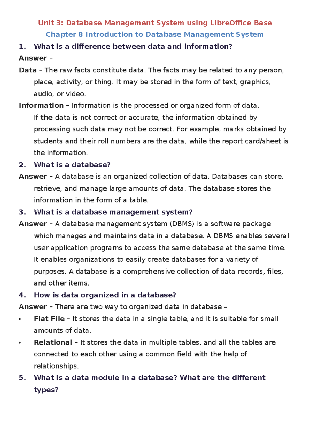 Chapter 8: Introduction to Database Management System (DBMS) - Unit 3 - Studocu