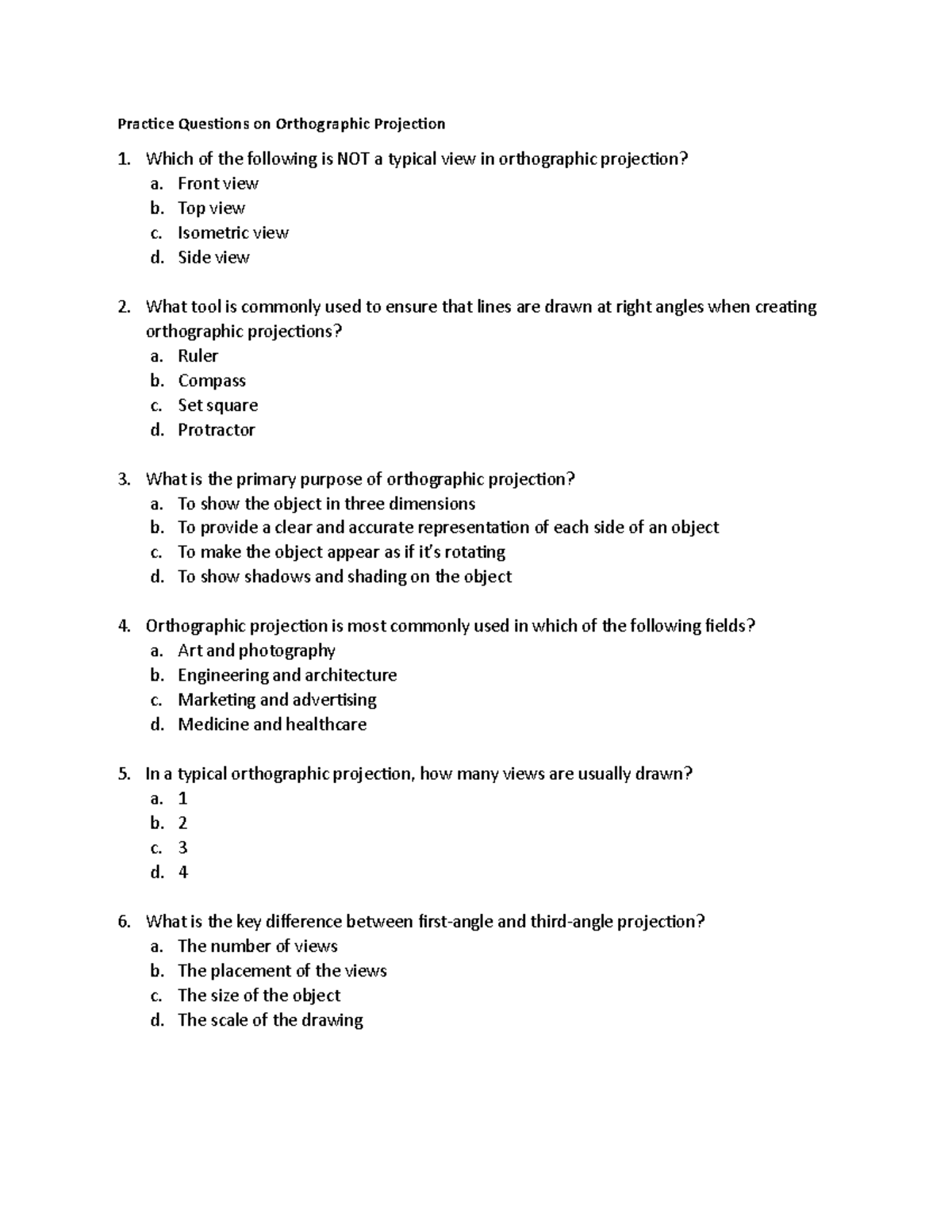 Orthographic Projection Practice Questions for Engineering Design - Studocu