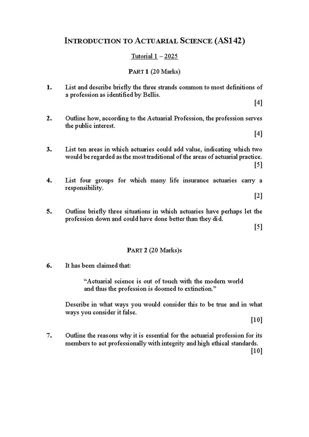 AS142 Introduction to Actuarial Science Tutorial 1 - 2025 - Studocu