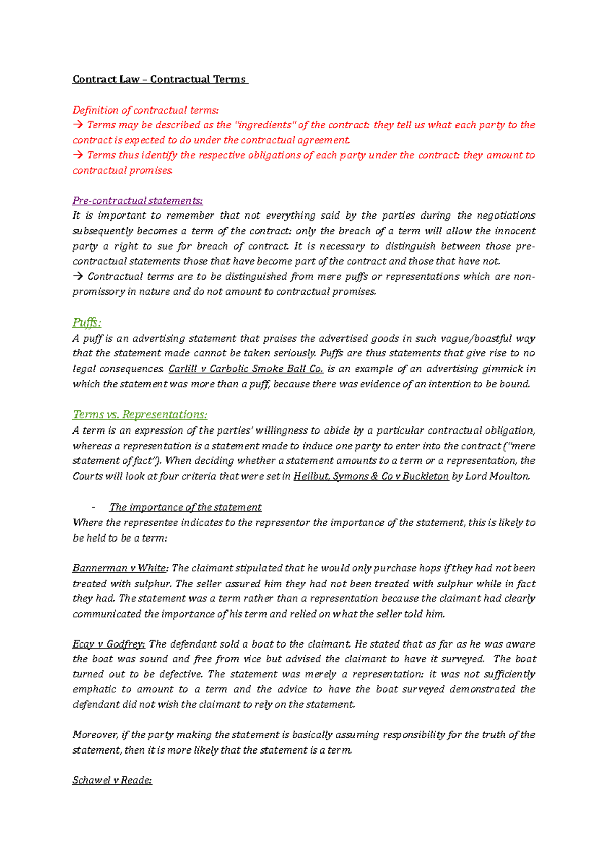 Contract Law: Lecture Revision Notes on Contractual Terms (CL-CT) - Studocu