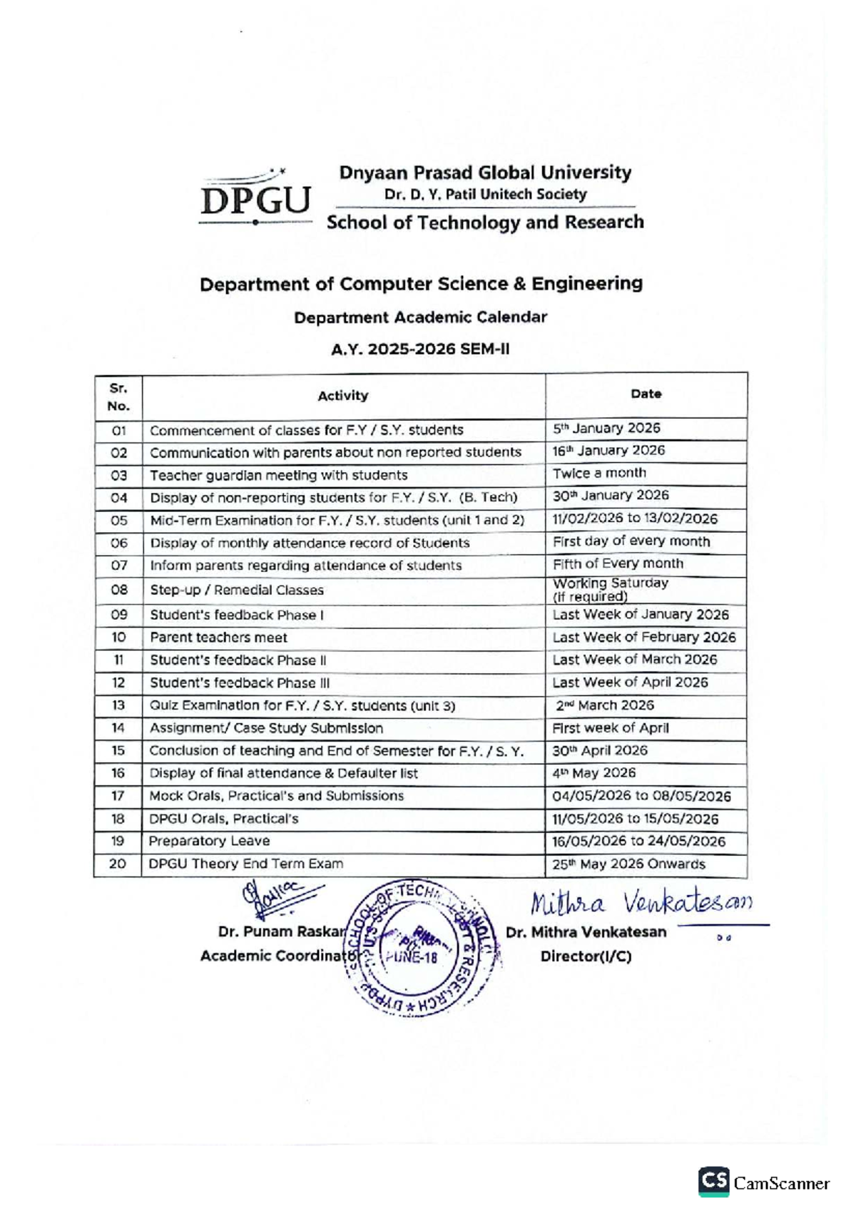 DPGU Academic Calendar 2025-2026 for CS Engineering SEM-II - Studocu