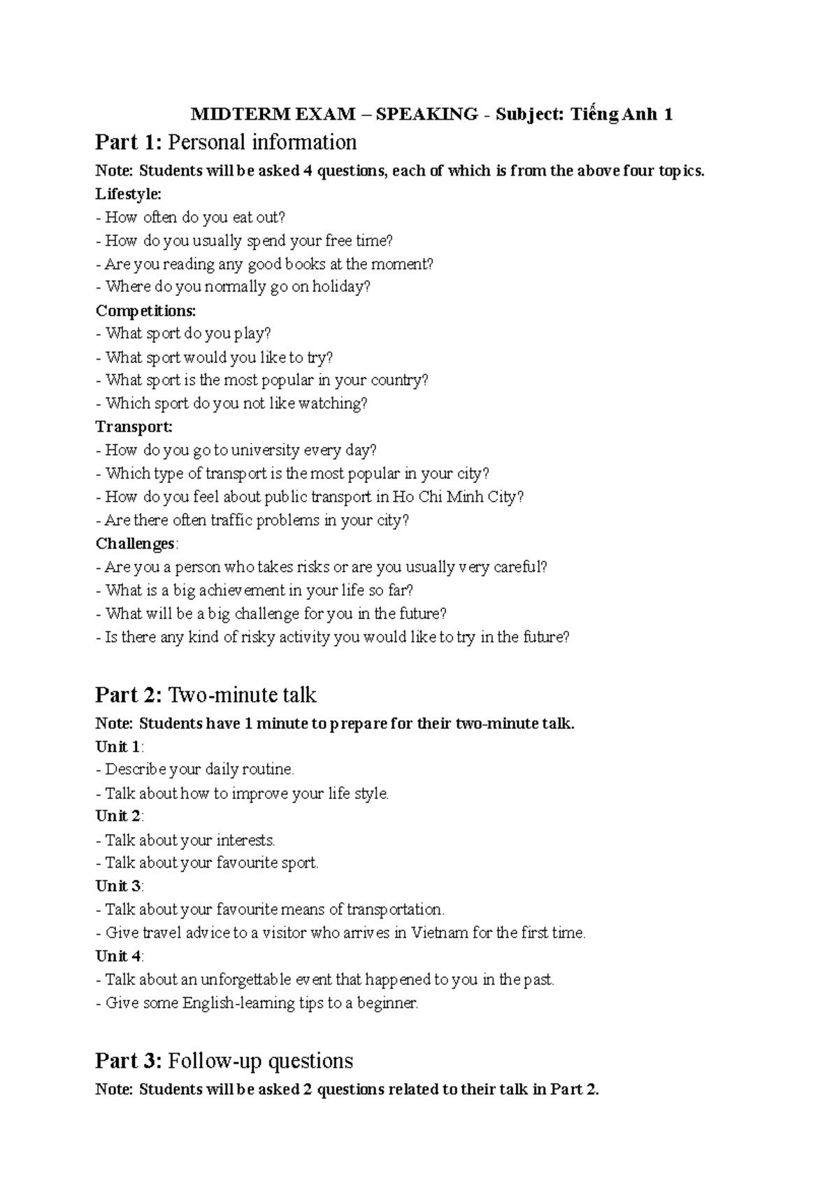 Midterm Exam - Speaking: Tiếng Anh 1 Overview & Tips - Studocu