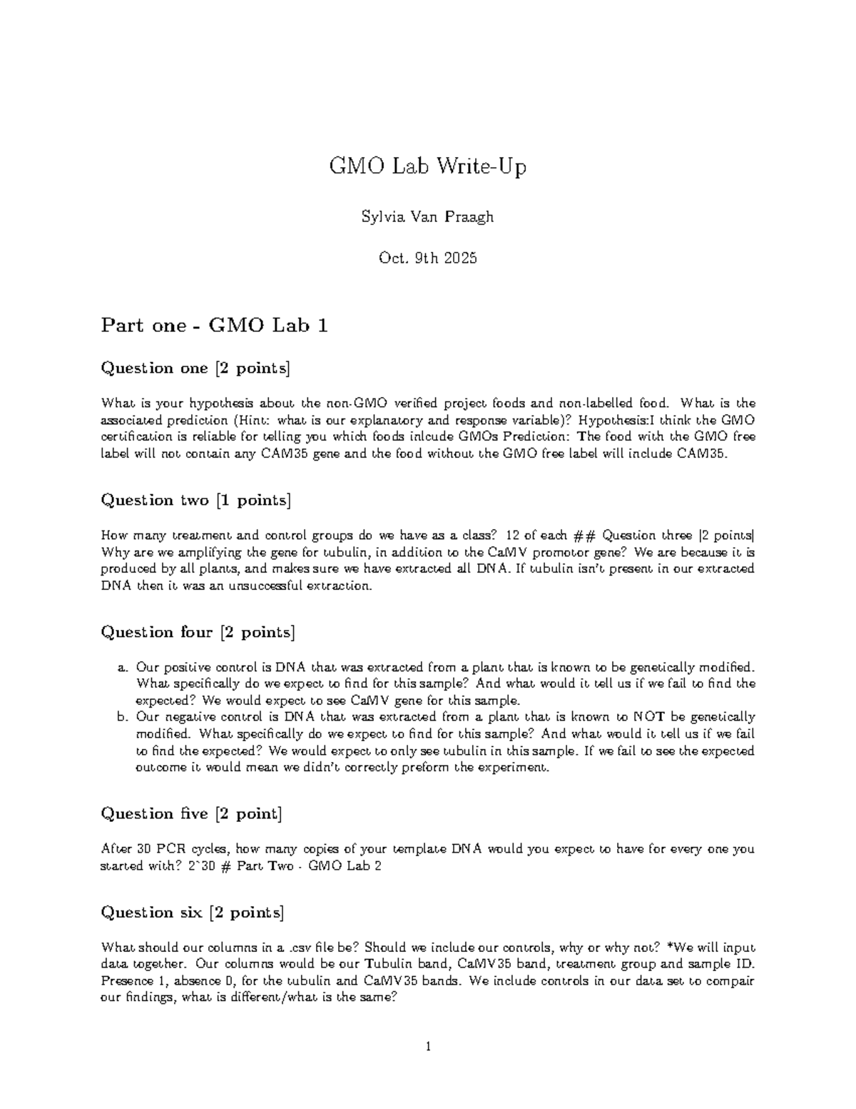 ENVS 21 GMO Lab - Detailed Lab Notes and Hypothesis Analysis - Studocu