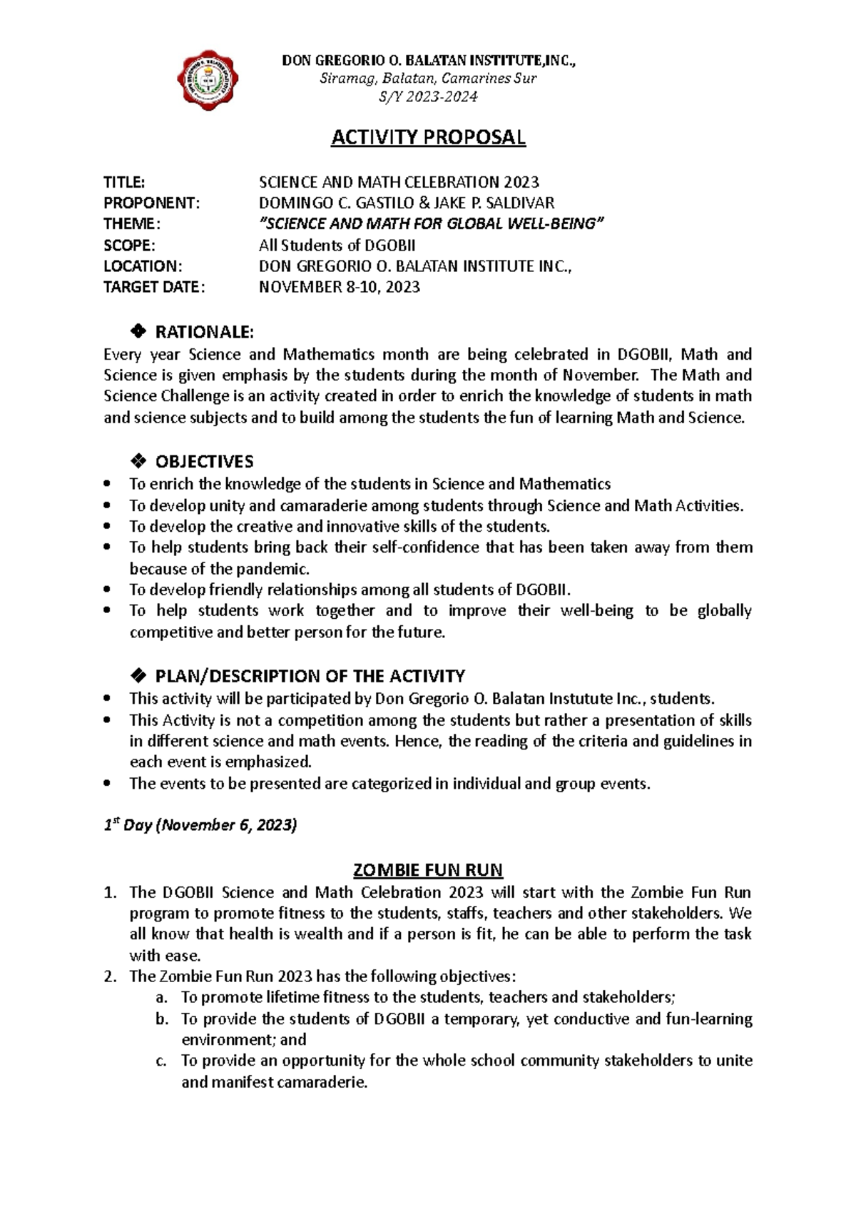 SCI MATH Final Activity Proposal: Science & Math Celebration 2023 - Studocu