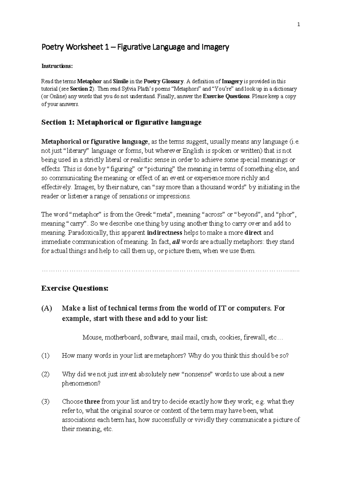 101 Worksheet 1 - Exploring Figurative Language & Imagery in Poetry ...