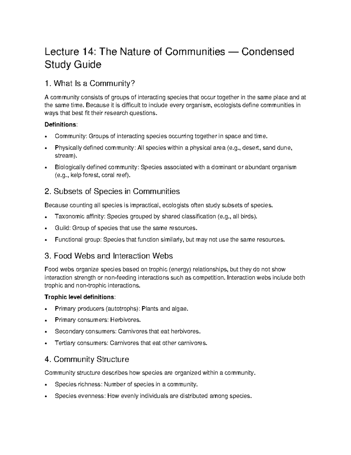 Lecture 14: Community Ecology Study Guide and Key Concepts - Studocu