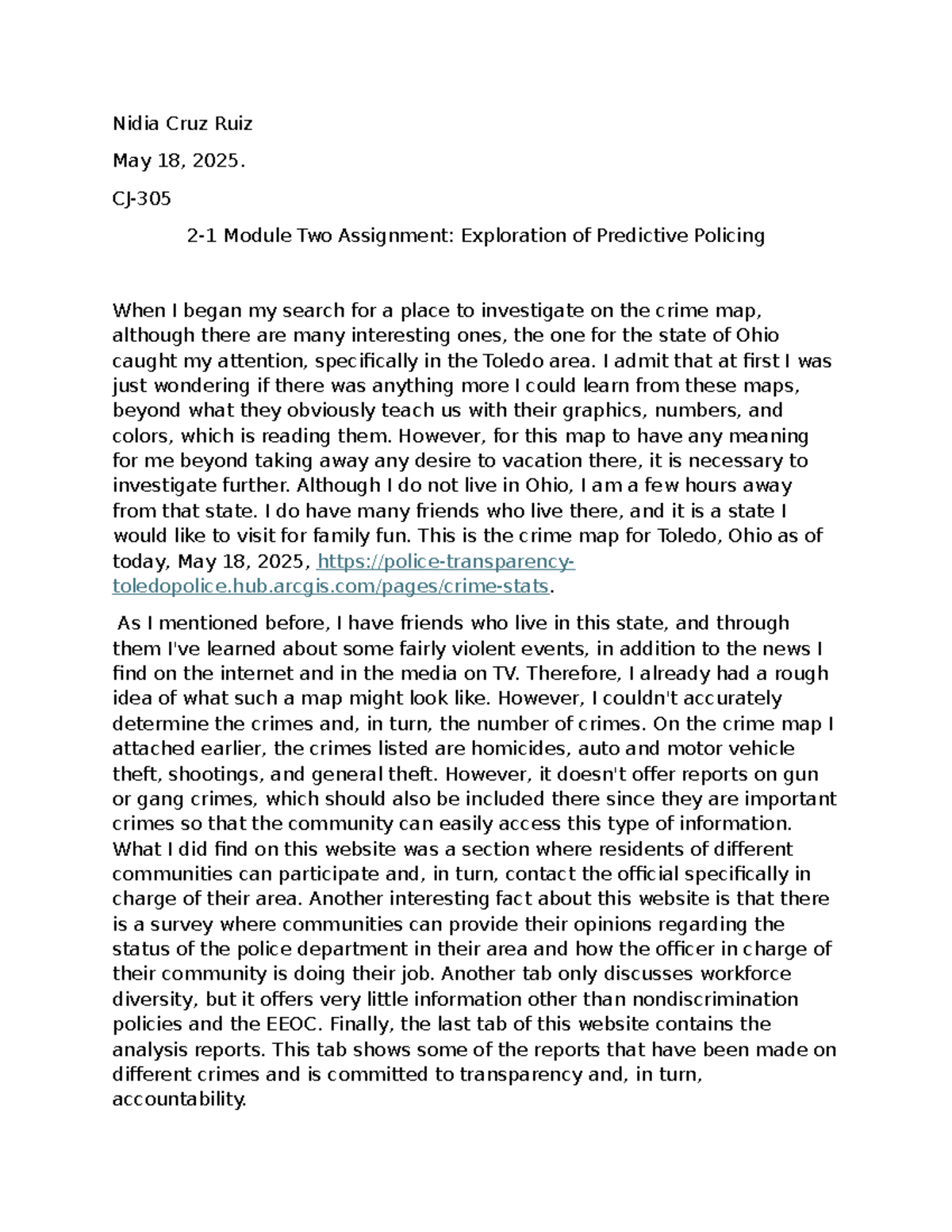 CJ-305 Module 2 Assignment: Analyzing Predictive Policing in Toledo - Studocu