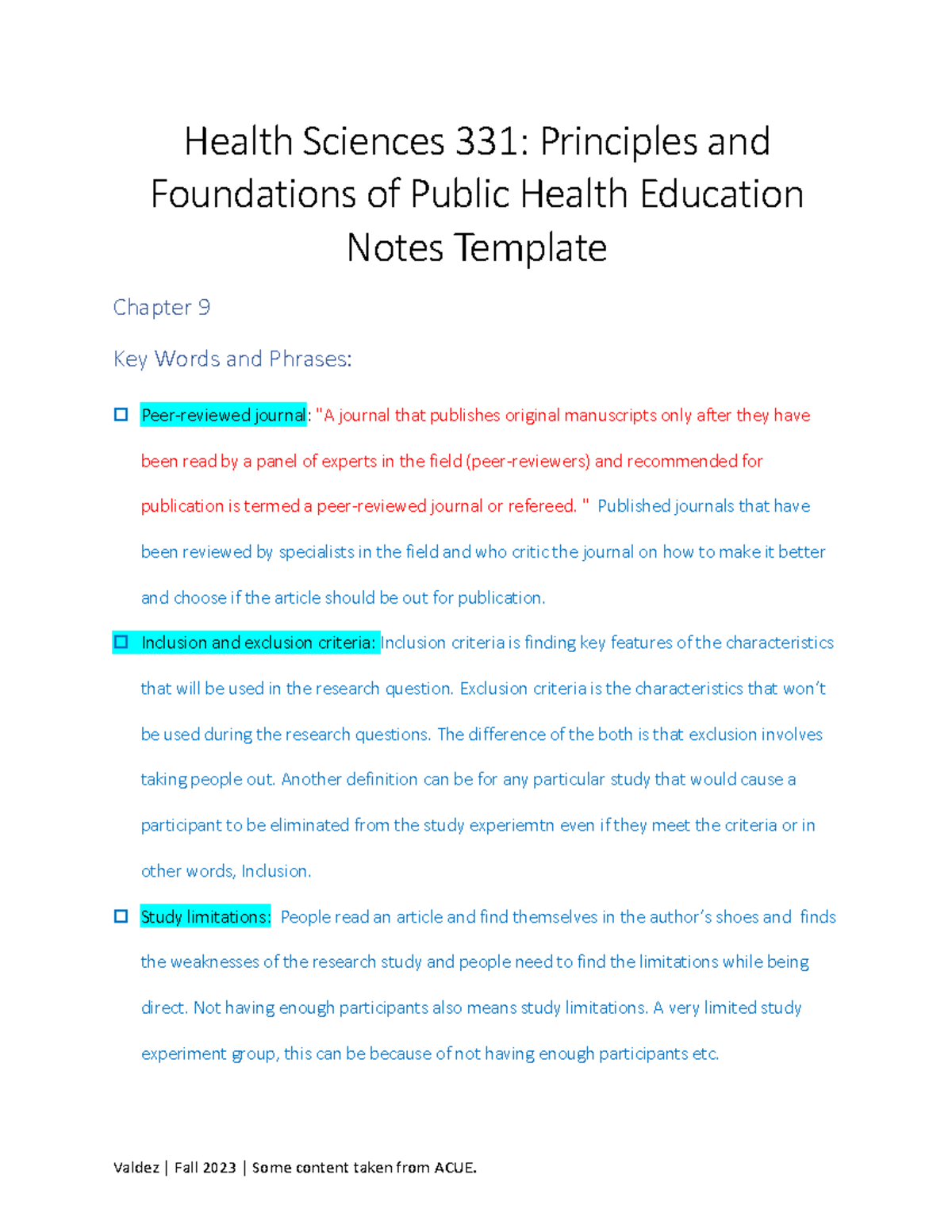 Health Sciences 331: Chapter 9 Lecture Notes on Public Health Education ...