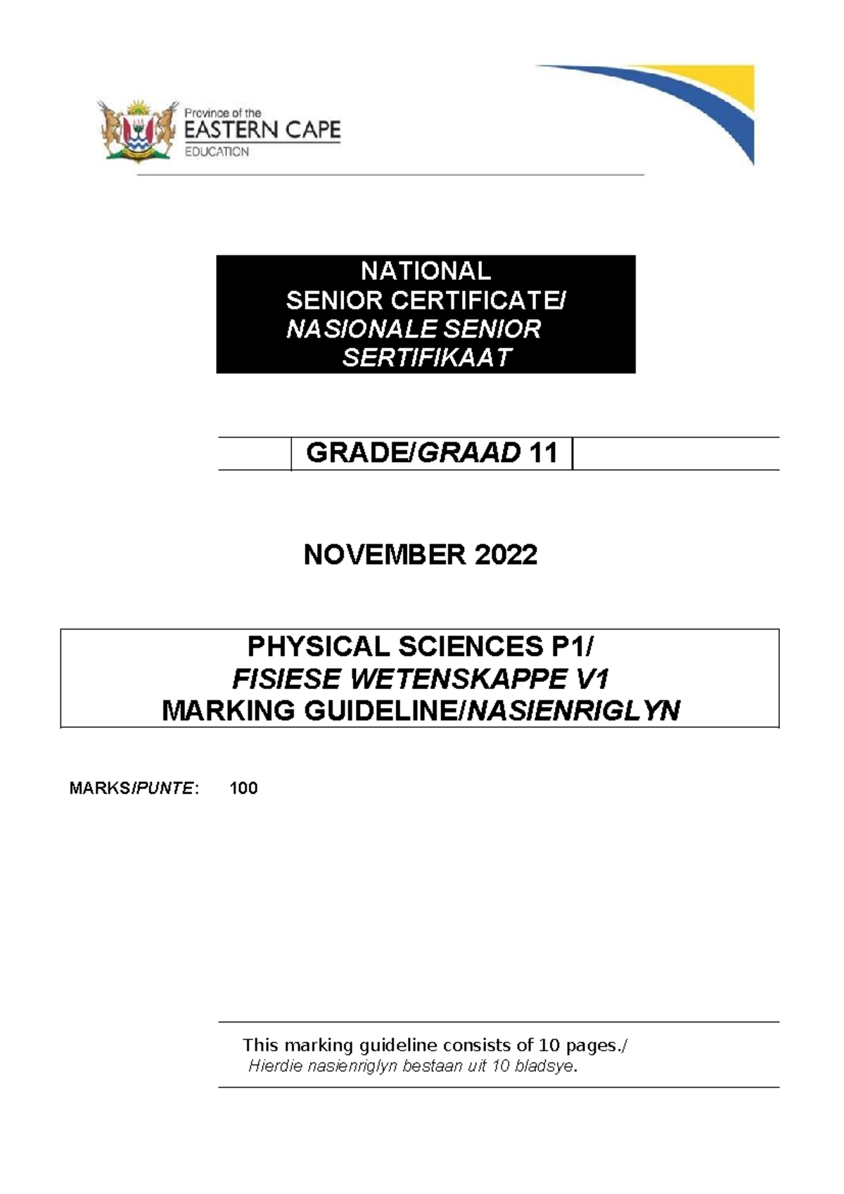 PHYS 11 P1 NOV 2022 MARKING MEMO (Afr+English) - Studocu