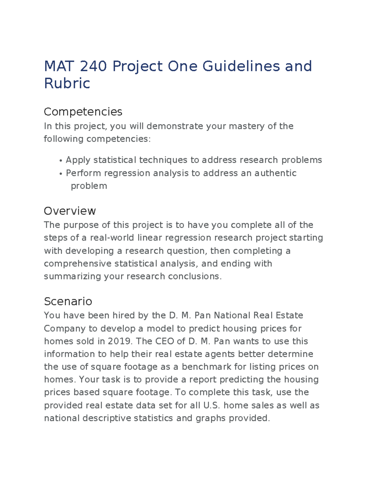 MAT 240 Project One: Regression Analysis Report and Rubric Guidelines ...