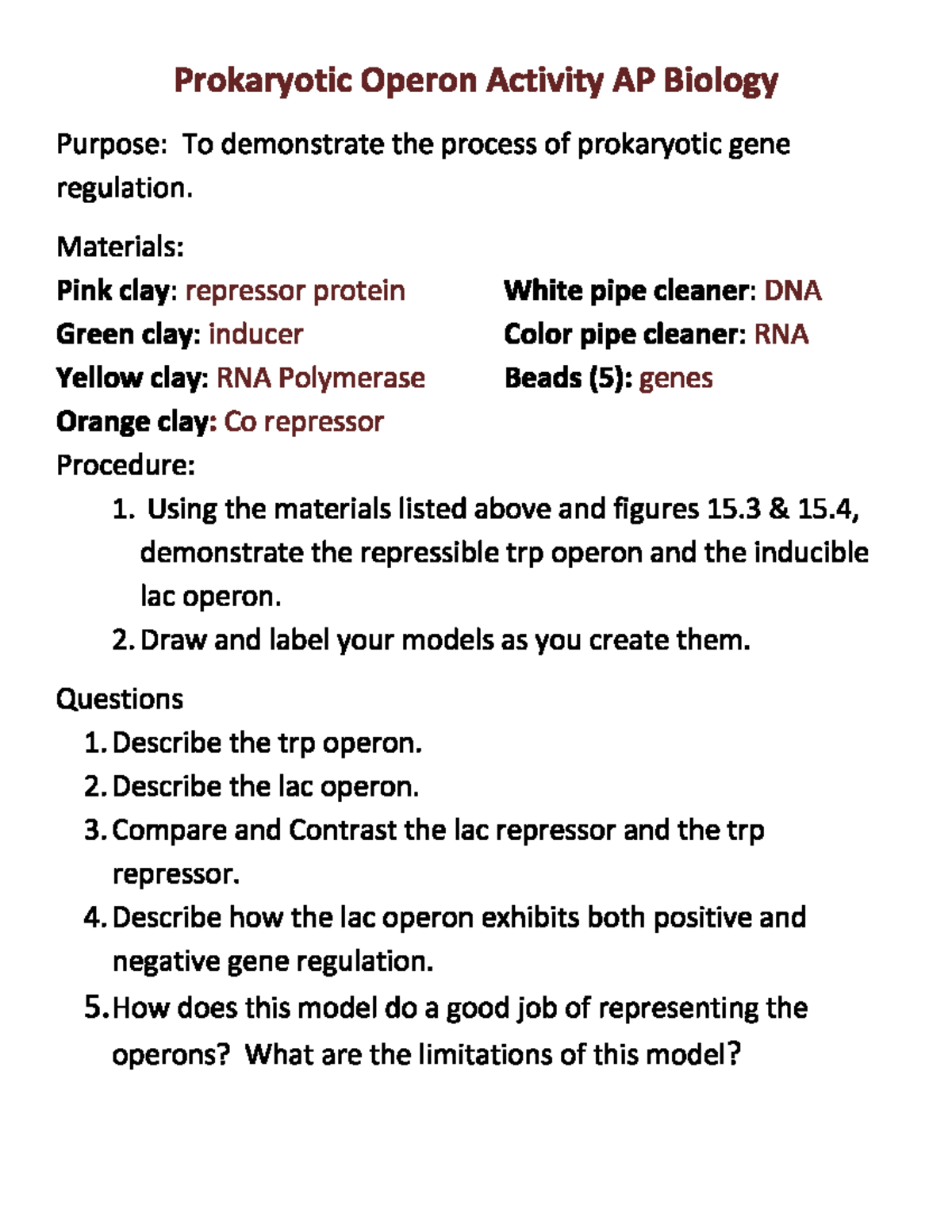 Modeling Prokaryotic Operons: AP Biology Activity Guide - Studocu