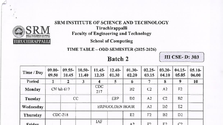 SRM Institute of Science and Technology Odd Semester Timetable 2023 ...