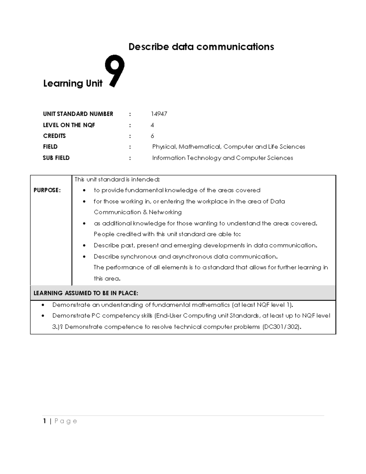 Describe data communications - Learning Unit 9 UNIT STANDARD NUMBER ...