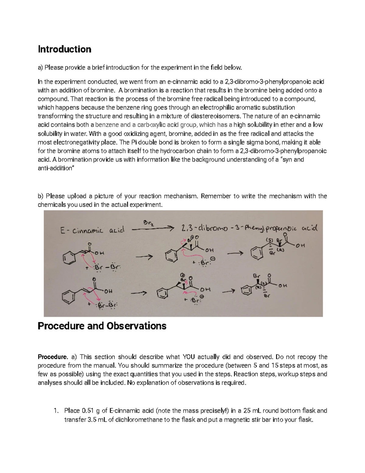 Experiment 5: Bromination of E-Cinnamic Acid and Enantiomer Analysis - Studocu