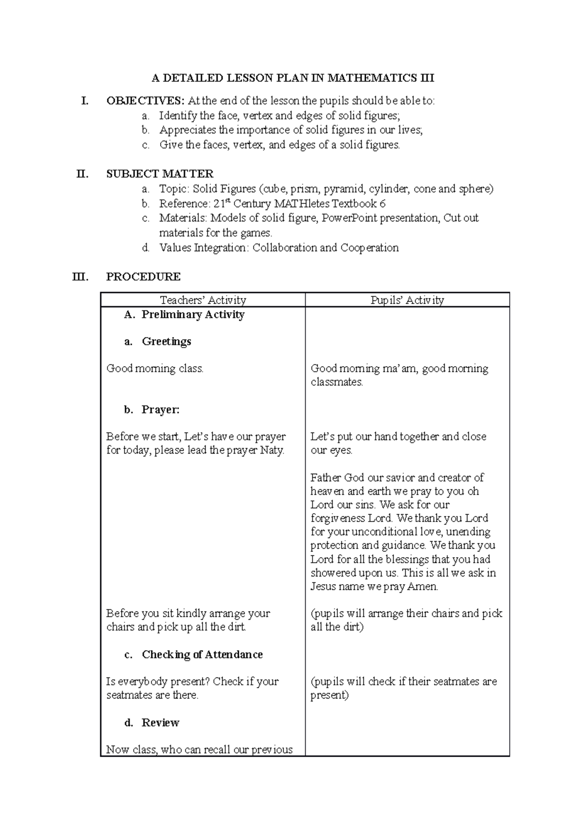 Mathematics 3: Comprehensive Lesson Plan on Solid Figures - Studocu