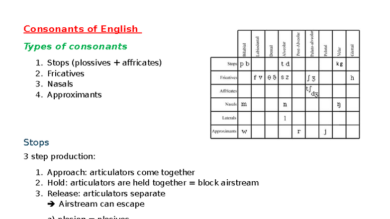 Consonants of English: Types and Characteristics - Summary - Studocu