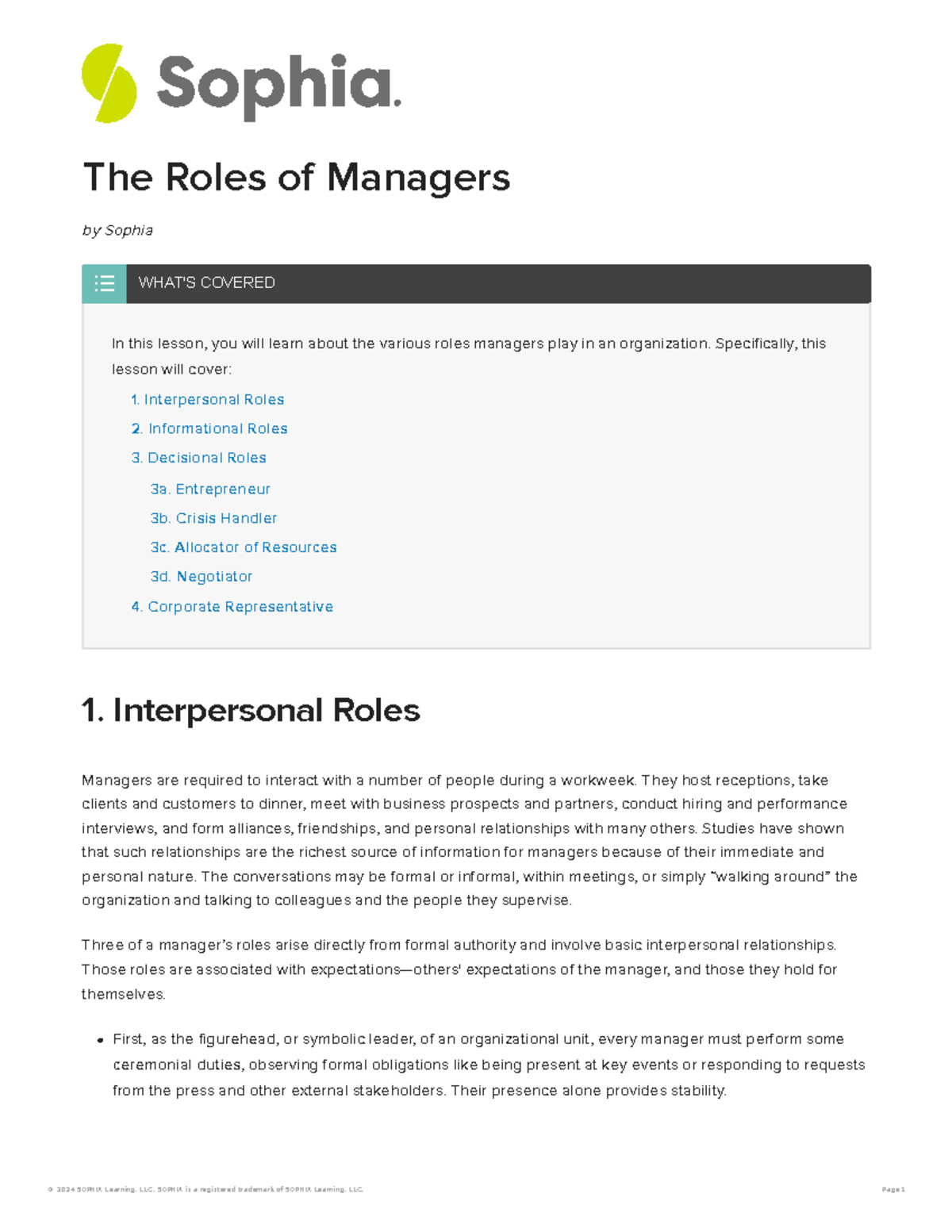 The roles of managers - notes - The Roles of Managers by Sophia In this ...