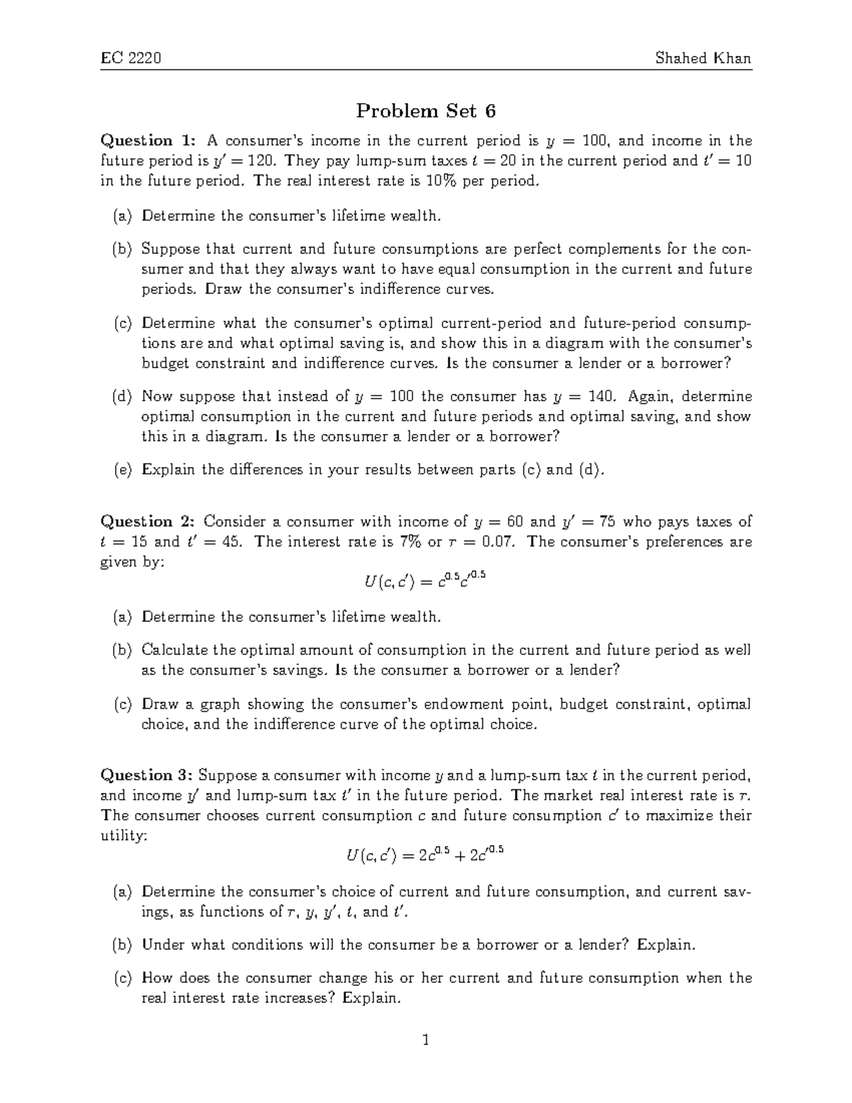 EC2220 Problem Set 6: Consumer Behavior & Optimal Consumption Analysis ...