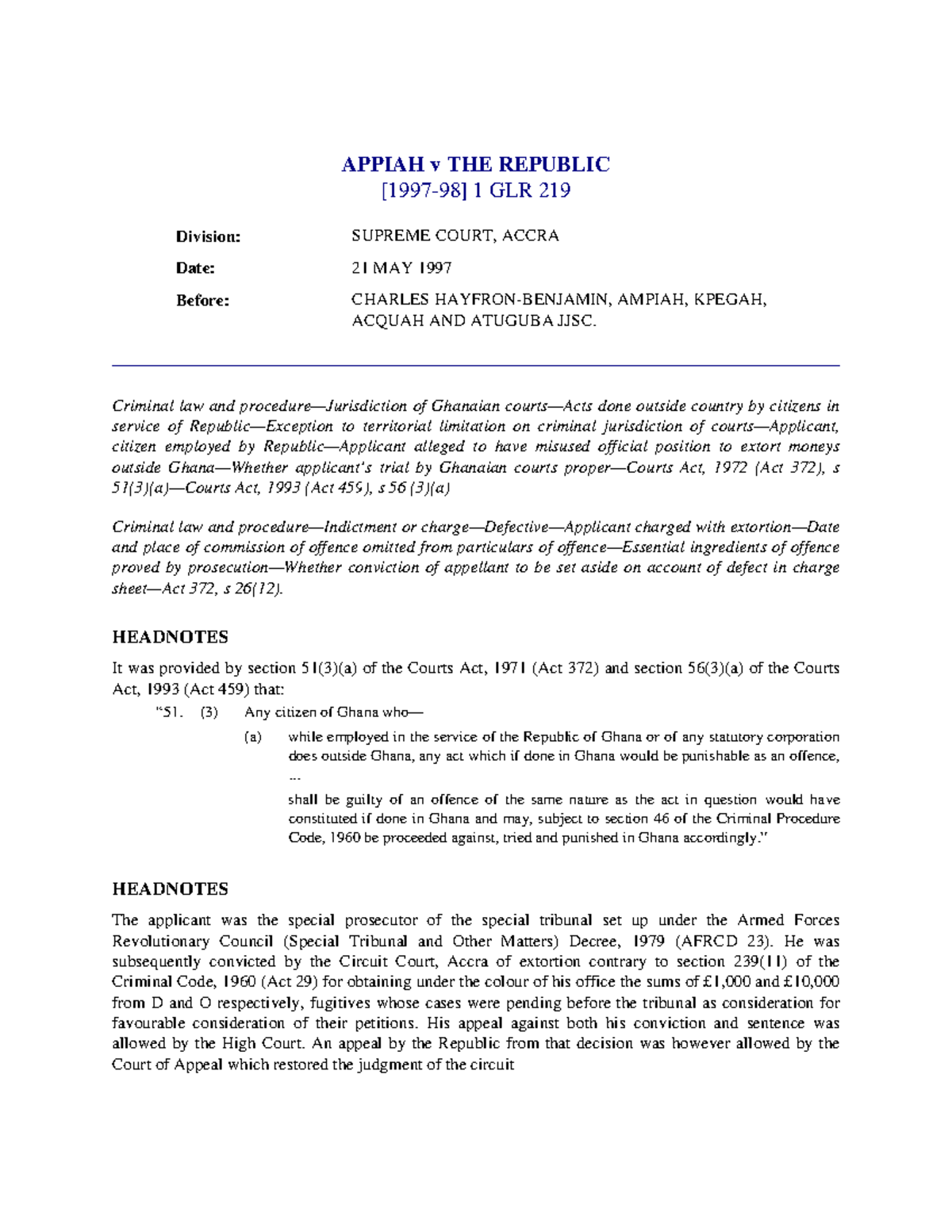 Appiah v The Republic - Supreme Court Case on Extortion Charges - Studocu