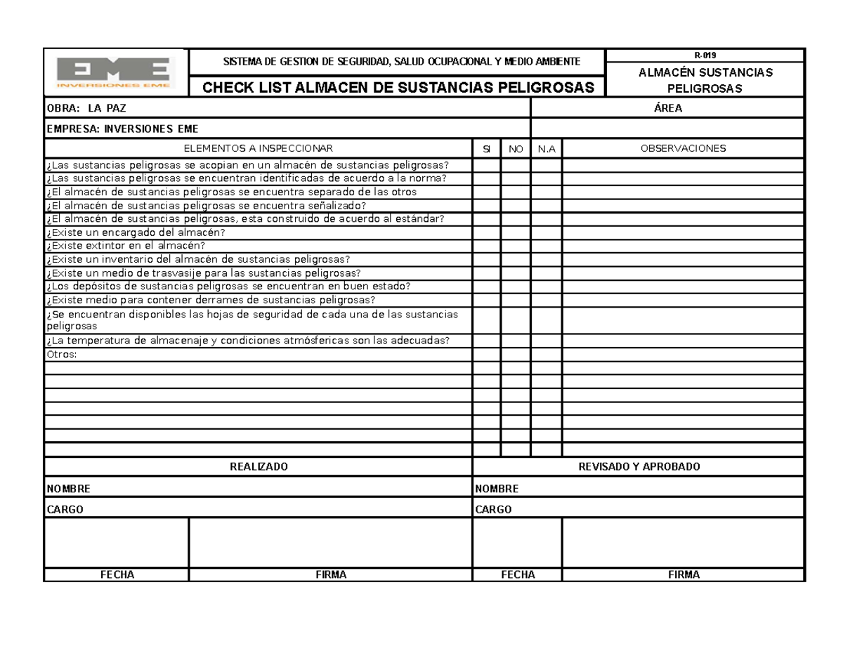 CHECK LIST: SEGURIDAD Y SALUD OCUPACIONAL EN ALMACEN DE SUSTANCIAS PELIGROSAS - Studocu