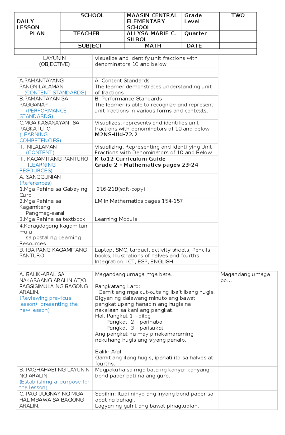 MATH 2-COT - Lesson Plan on Unit Fractions with Denominators 10 & Below ...