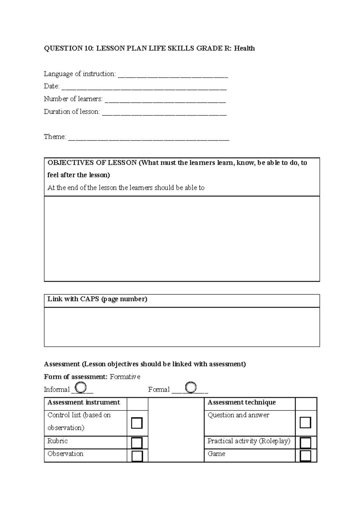 LIFE SKILLS GRADE R: LESSON PLAN FOR PRACTICALS - Studocu