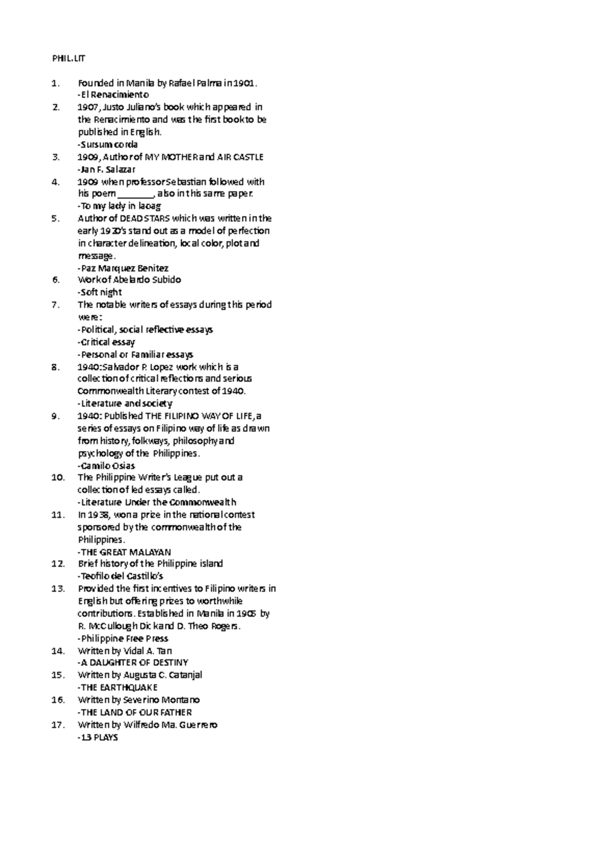 PHIL - Key Literary Contributions in Philippine Literature - Studocu