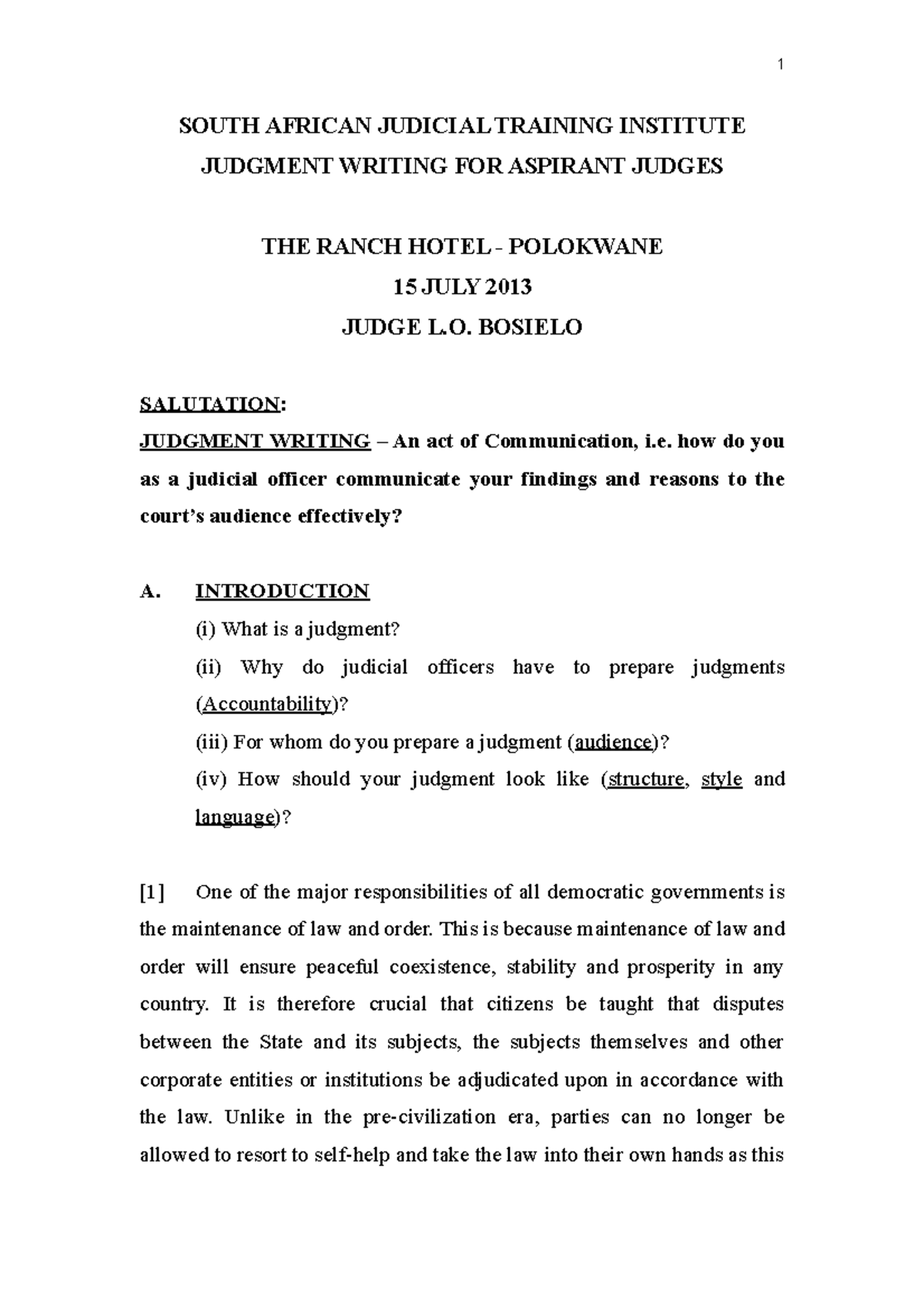 Judgment Writing Training for Aspirant Judges - SA Judicial Institute ...