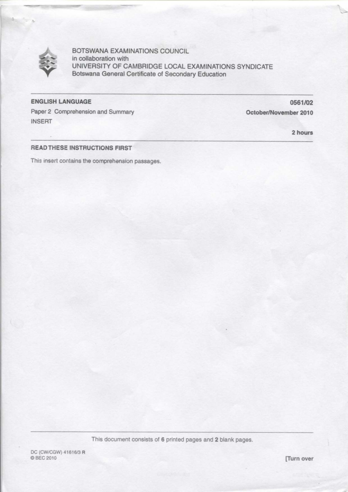 BGCSE English Language Paper 2 Comprehension & Summary 2010 - Studocu