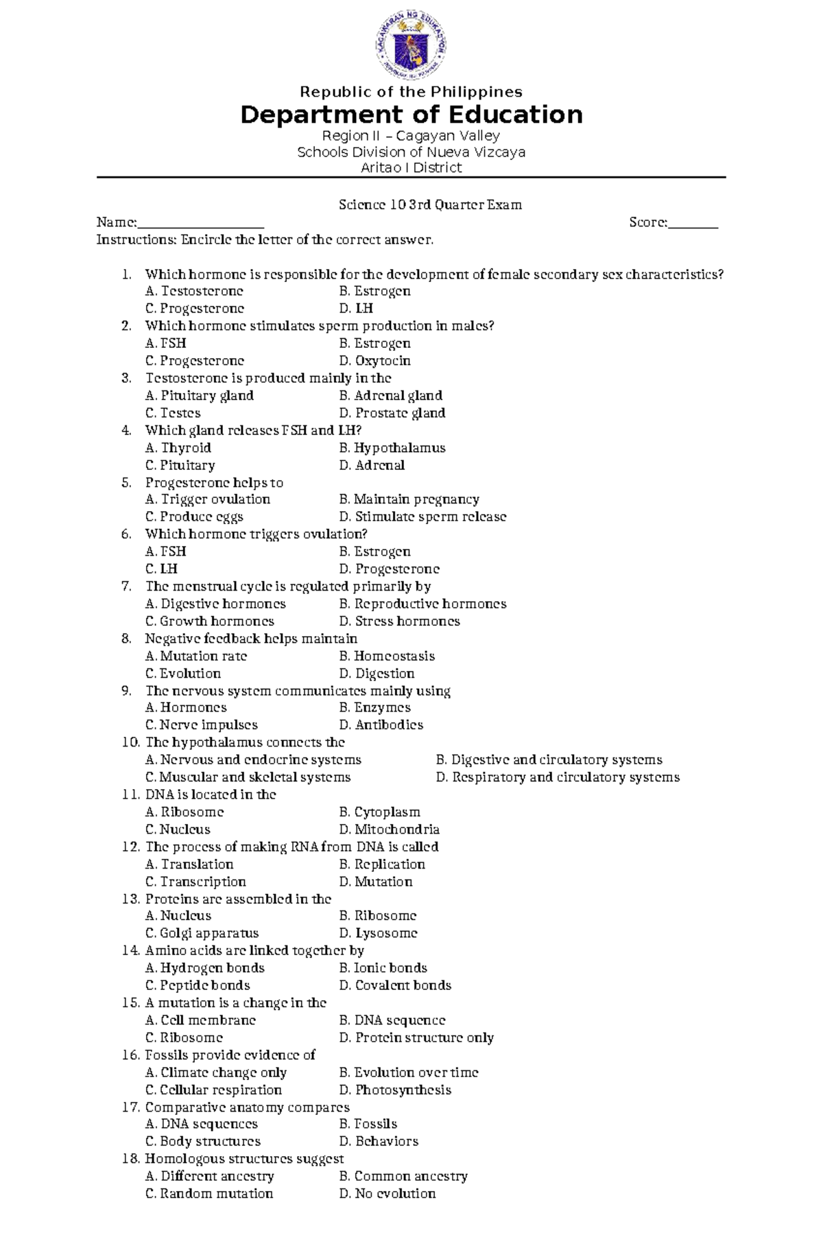Grade 10 Science Q3 Exam Instructions and Questions - Studocu