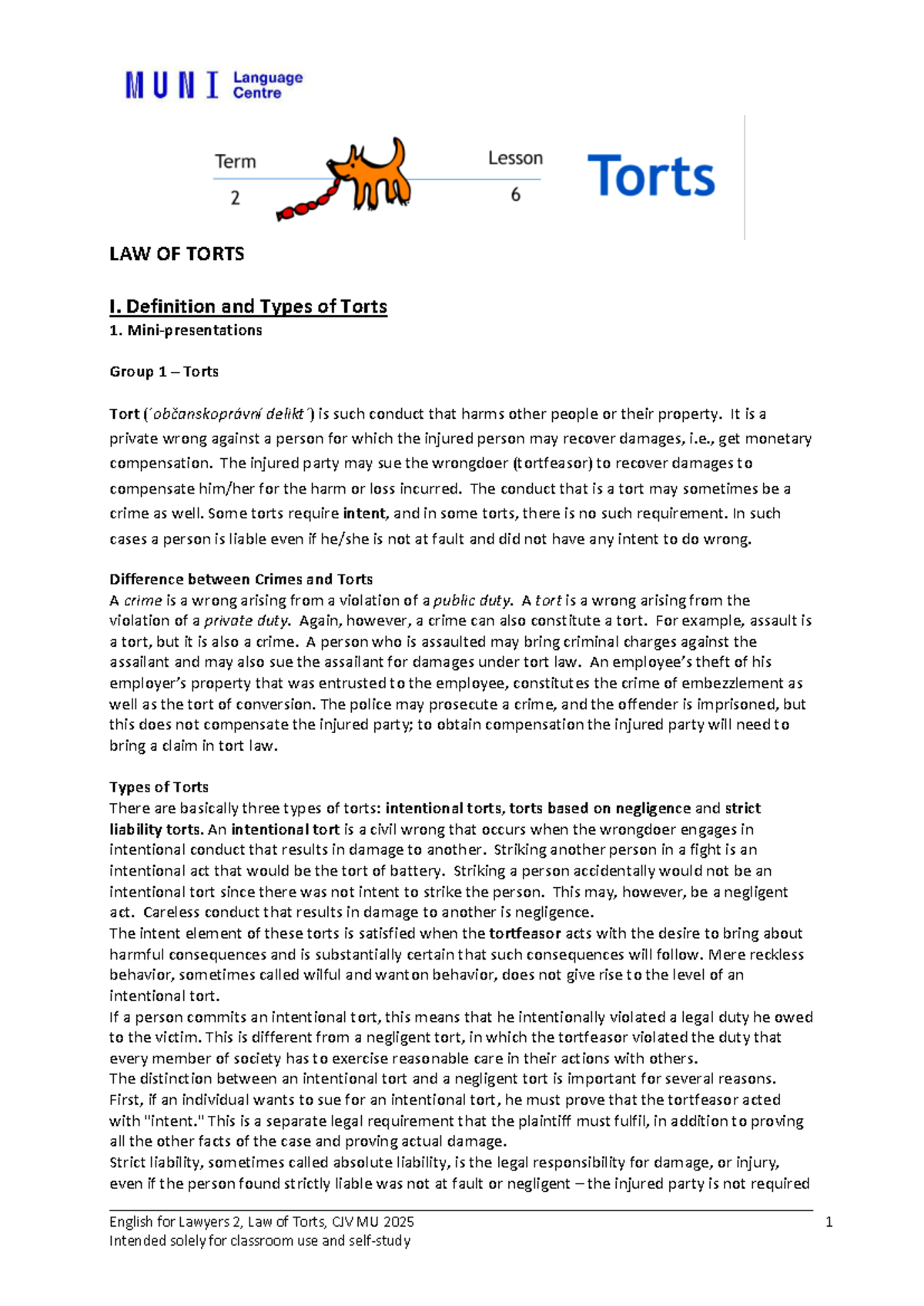 LAW OF TORTS I: Definitions, Types, and Key Concepts - CJV MU 2025 ...