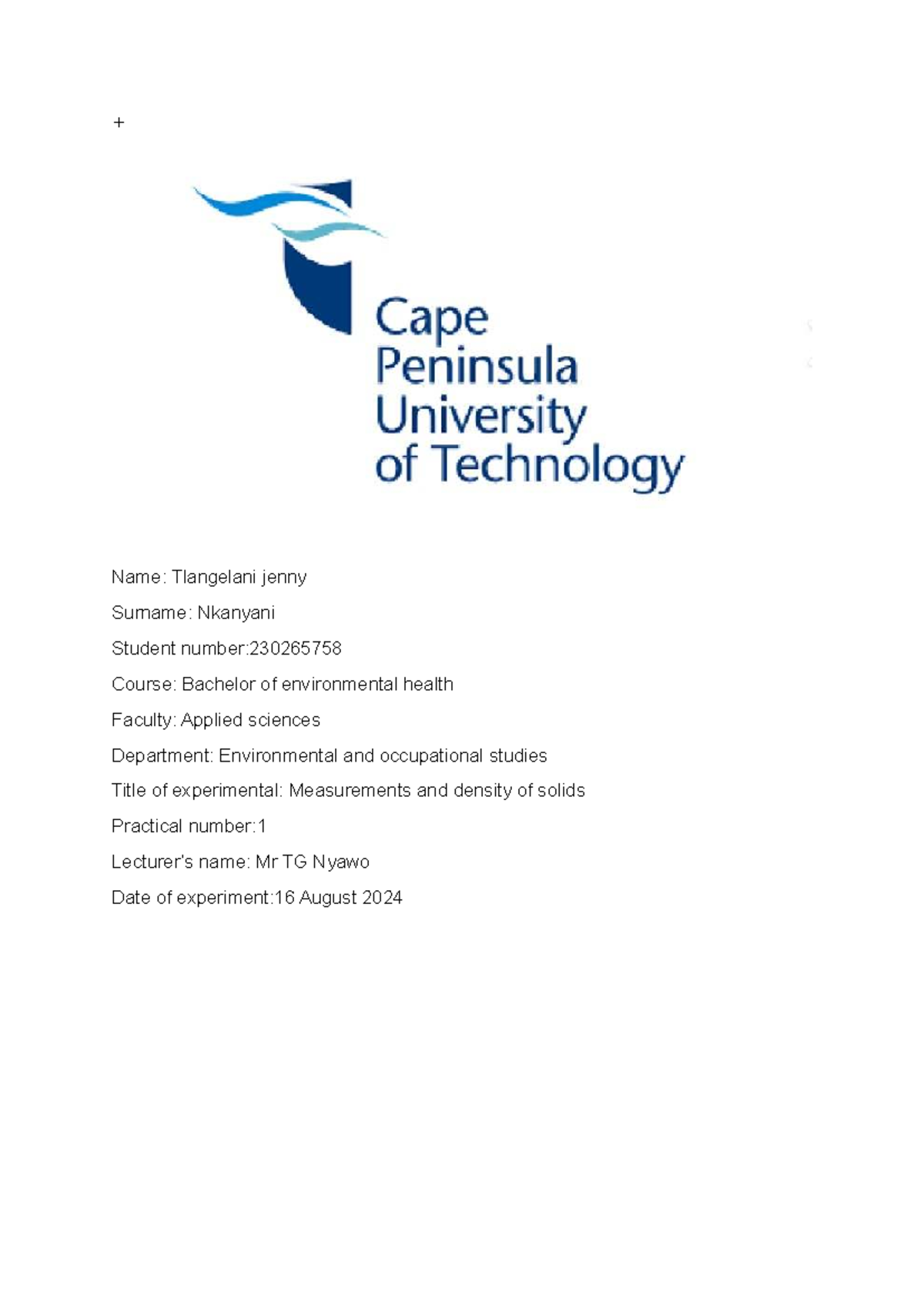 Physics Practical 1: Measurements and Density of Solids (ENVH 101) - Studocu