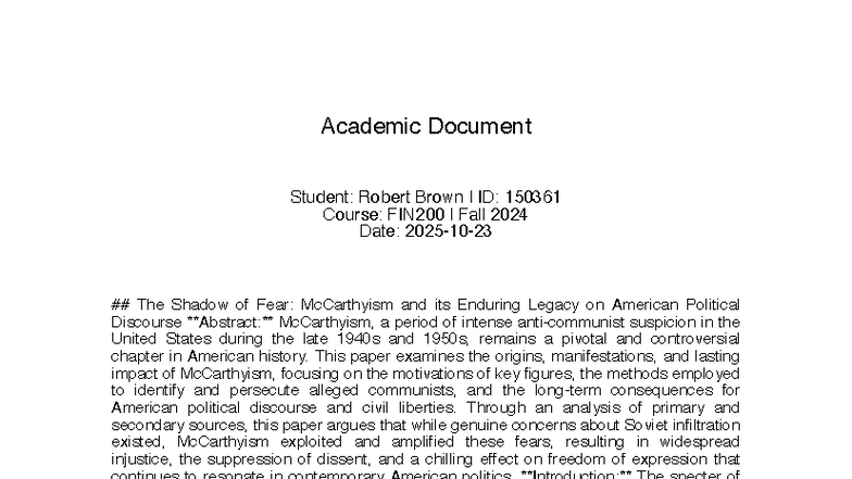 FIN200 Essay: The Legacy of McCarthyism in American Politics - Studocu