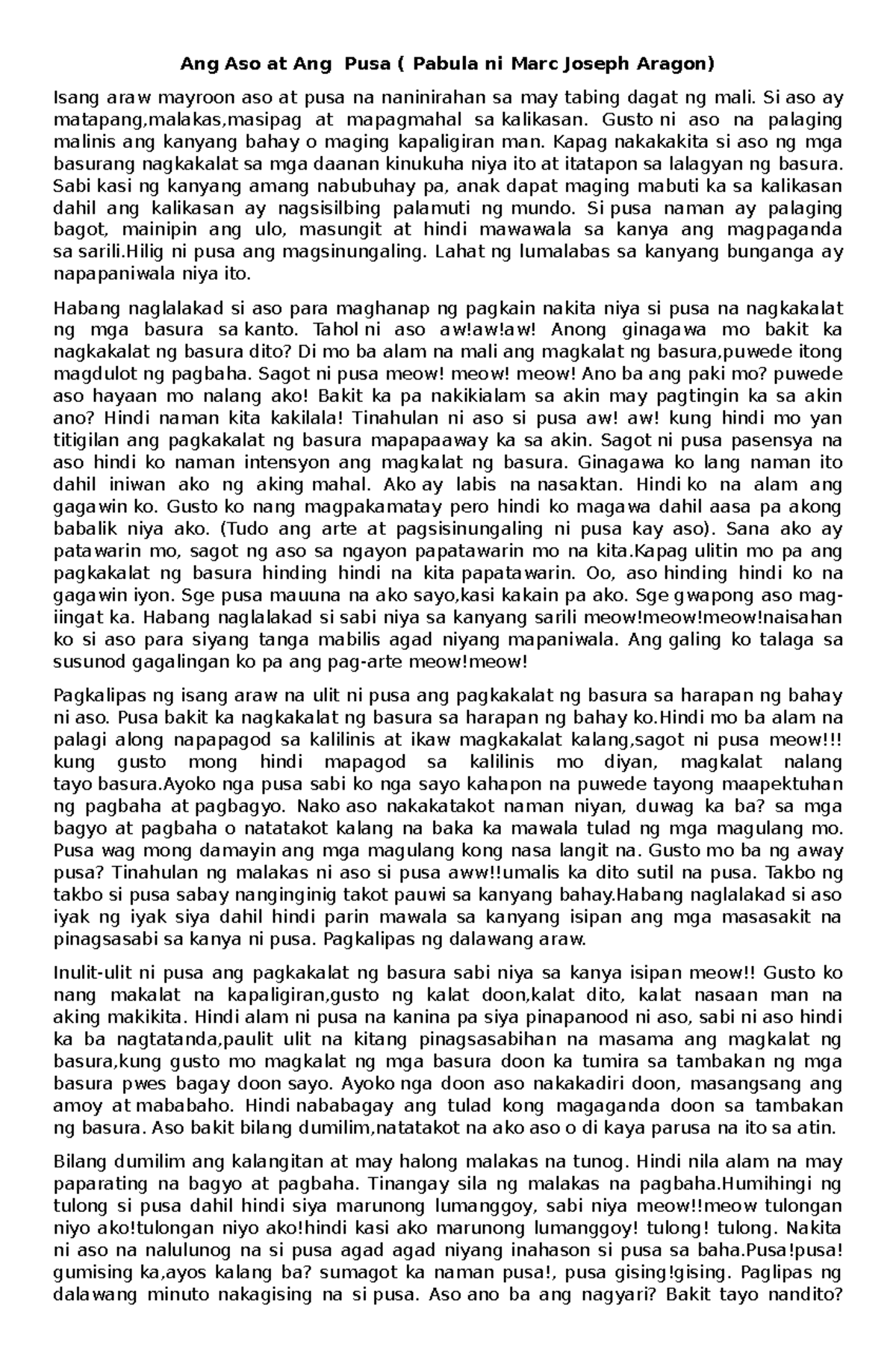 Ang Aso at Ang Pusa: Isang Pabula ni Marc Joseph Aragon - Studocu