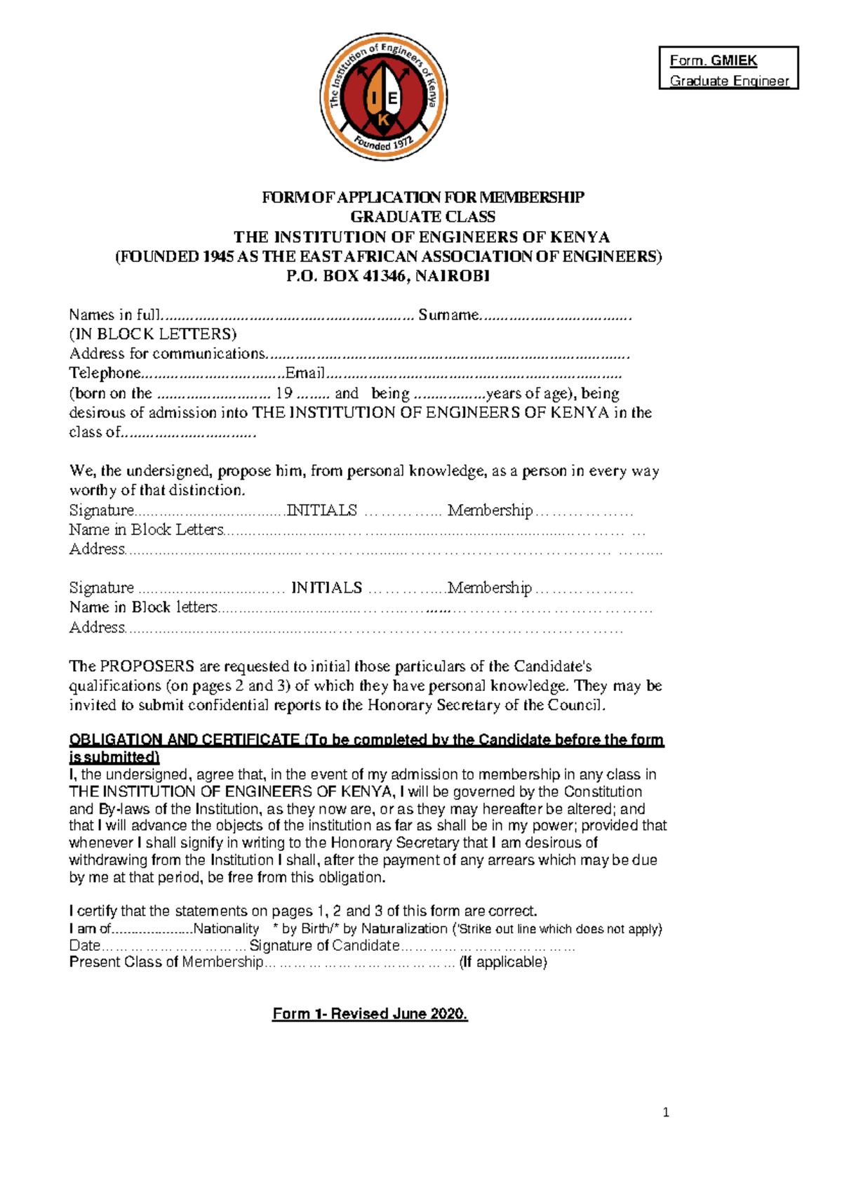 Graduate Application Form for Membership (Gmiek) - 2020 Revision - Studocu