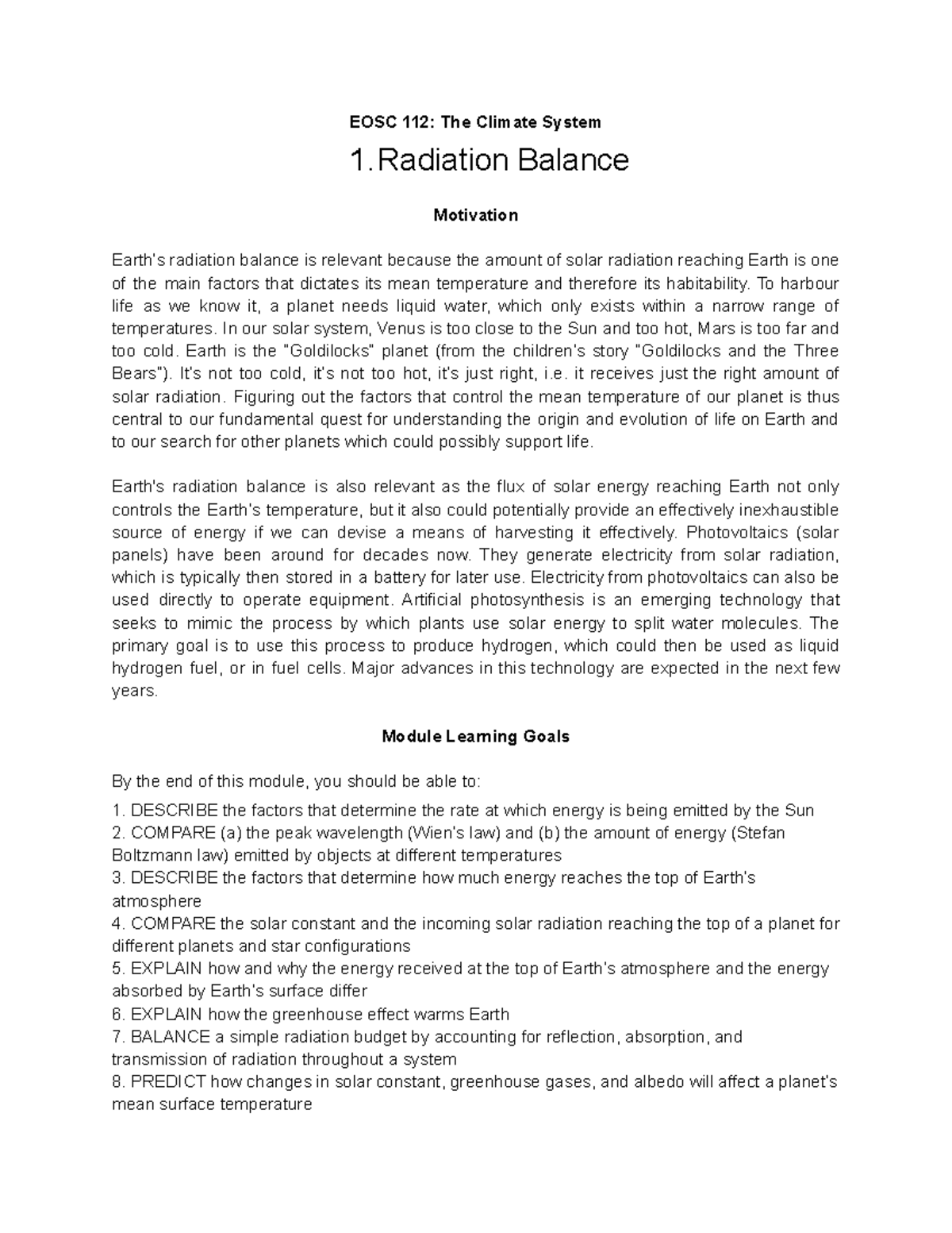 EOSC 112: Understanding the Climate System and Radiation Balance - Studocu