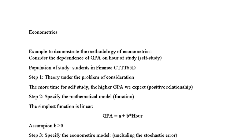Econometrics Example: GPA vs. Study Hours Analysis - Studocu