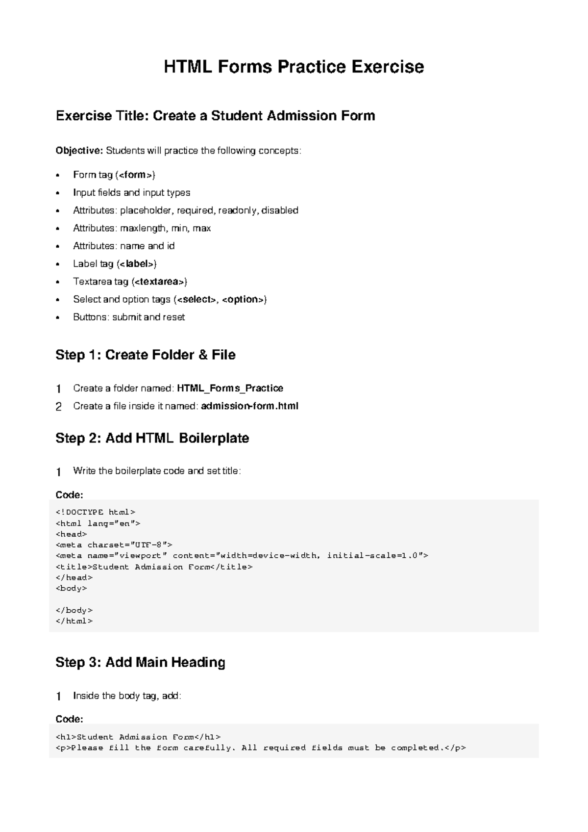 HTML_Forms_Practice: Student Admission Form Exercise - Studocu
