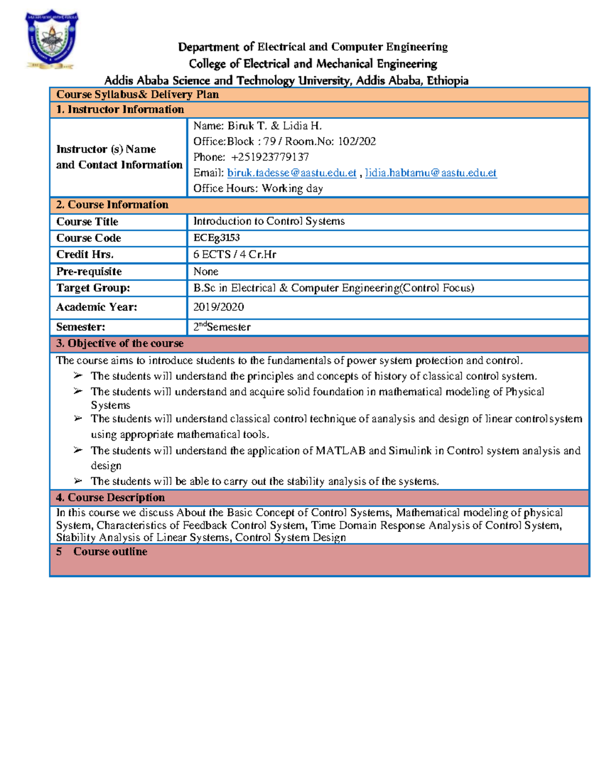 Introduction to control system course outline 2020 for student - Course ...