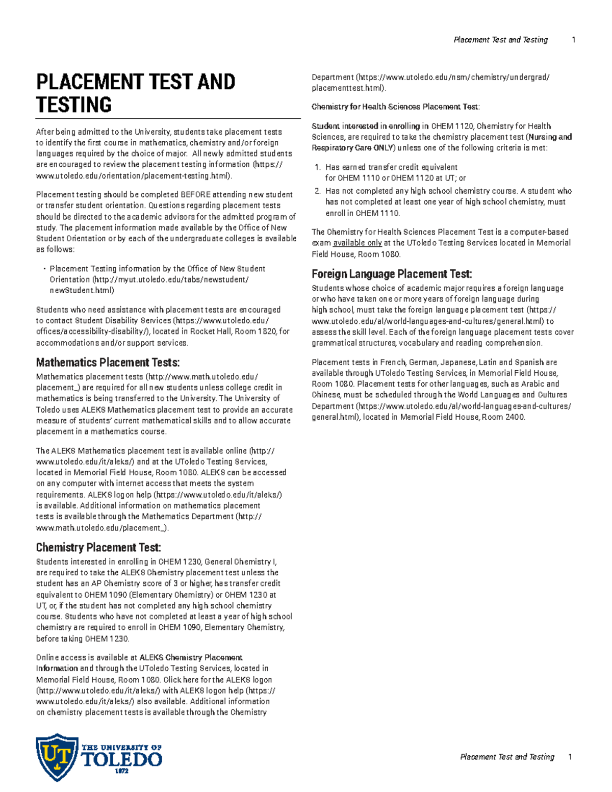 UToledo Placement Testing Guide: Math, Chemistry & Languages - Studocu