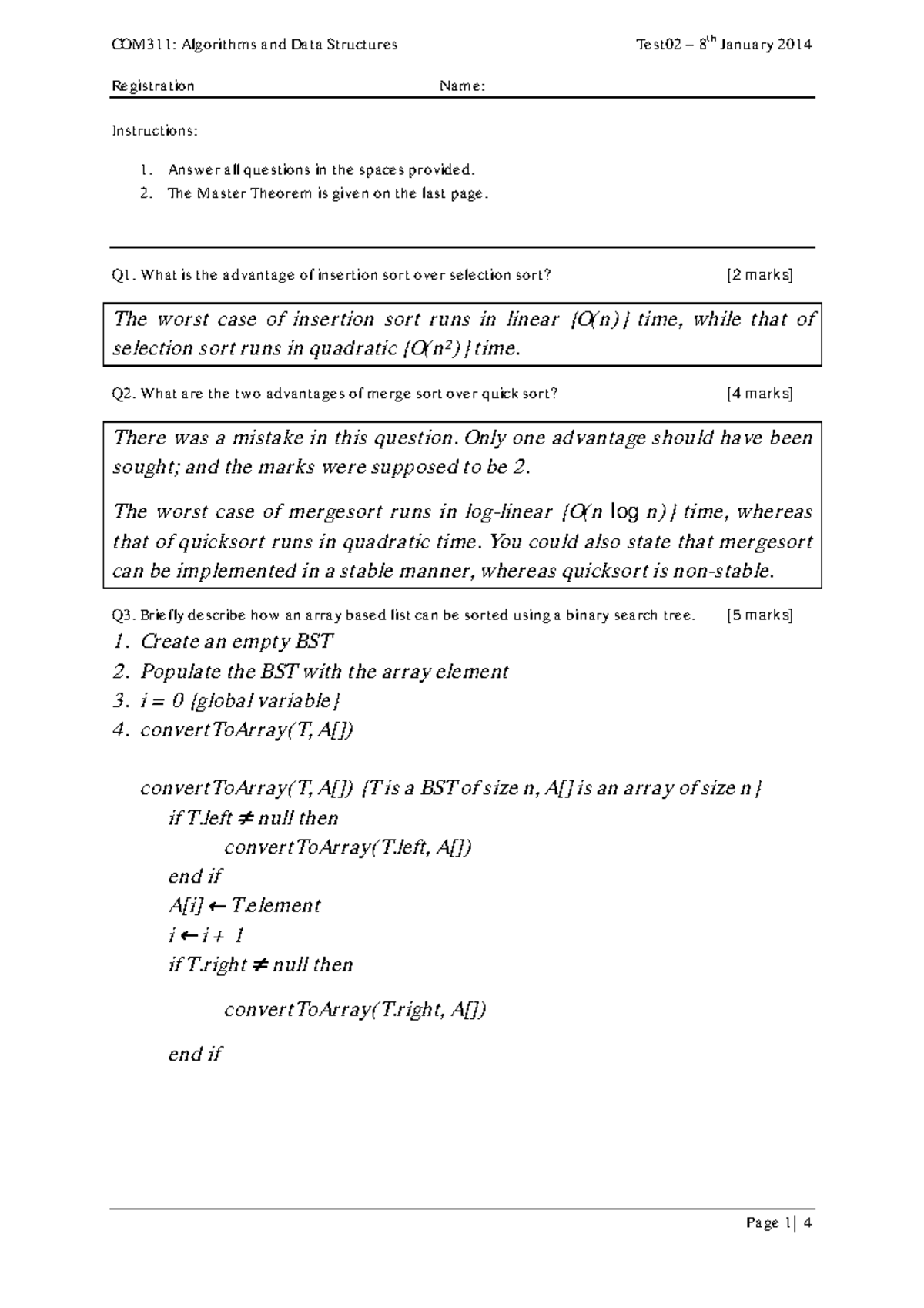 Test02 Model Answers for COM311: Algorithms & Data Structures - Studocu