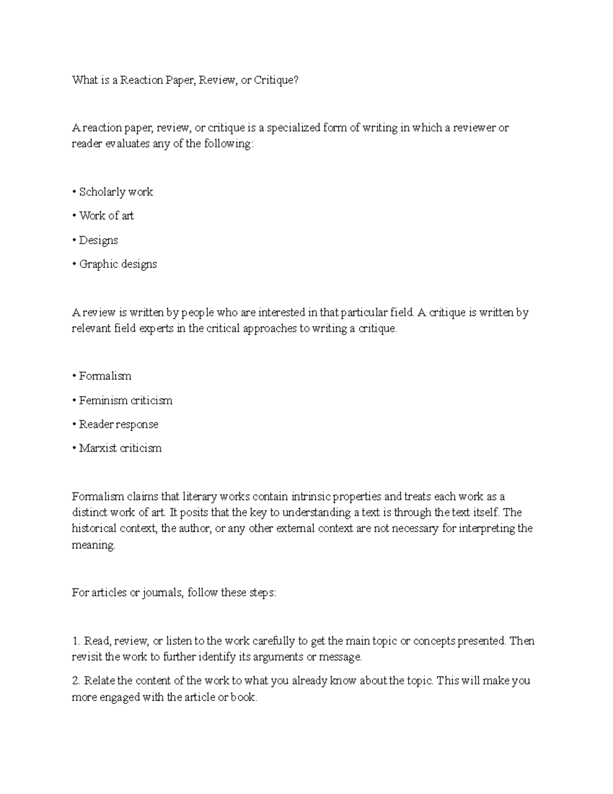 Understanding Reaction Papers: Reviews and Critiques Explained - Studocu