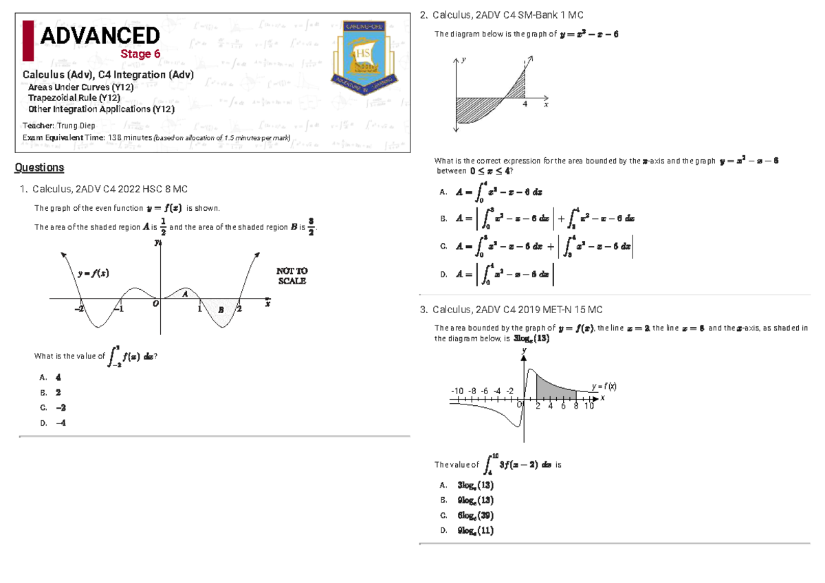 HSC Integration Questions for Calculus 2ADV C4: Areas Under Curves ...