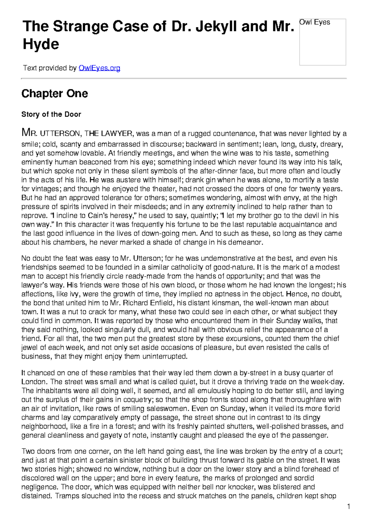 Oe Dr. Jekyll and Mr. Hyde: Chapter One Analysis and Summary - Studocu