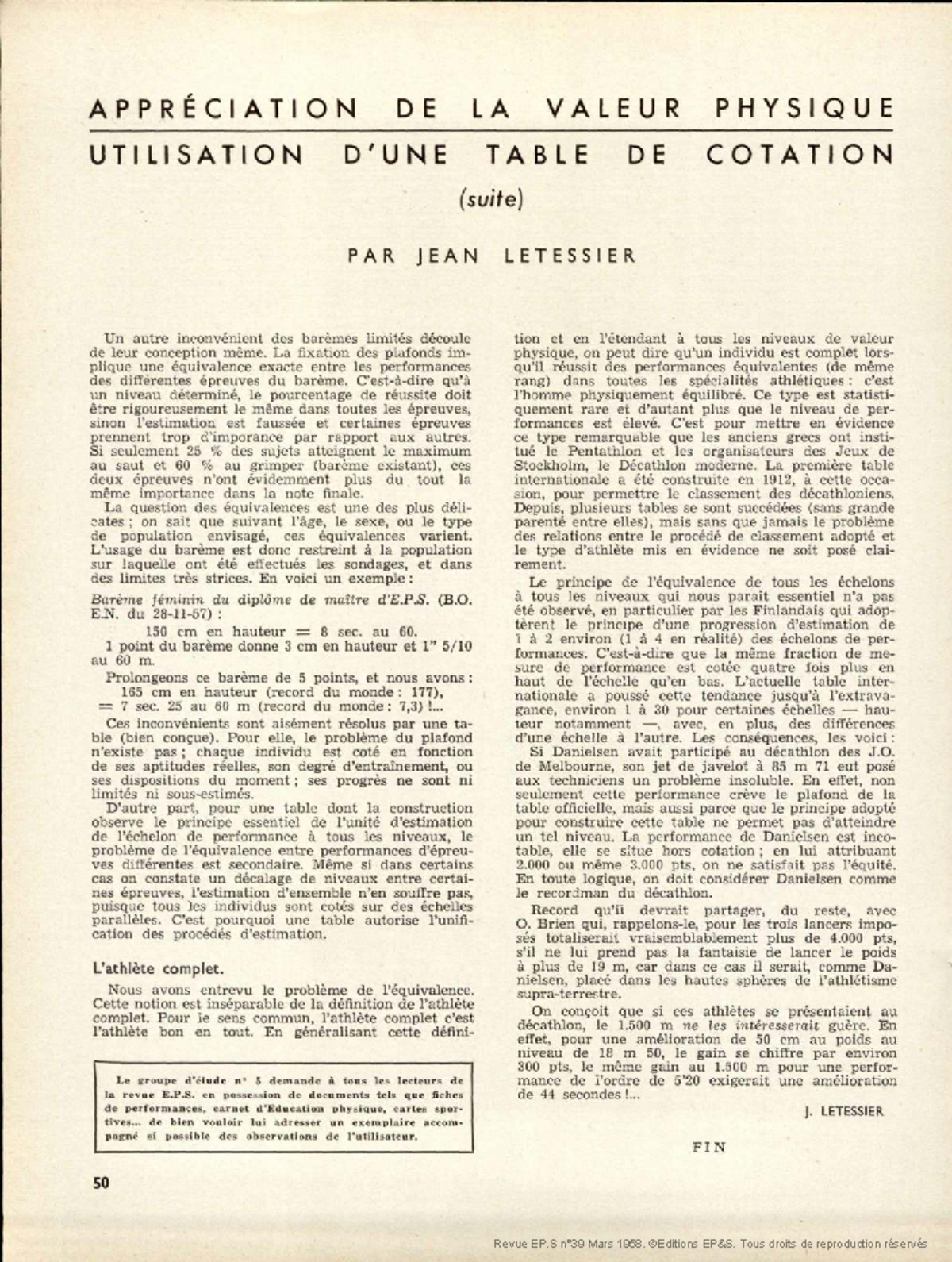 1958 Letessier: Appréciation de la Valeur Physique et Table de Cotation ...