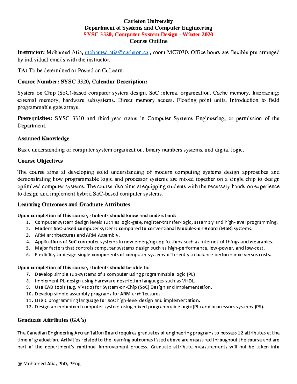 SYSC 3320 Course Syllabus - Winter 2020 - Warning: TT: undefined function: 32 Warning: TT ...