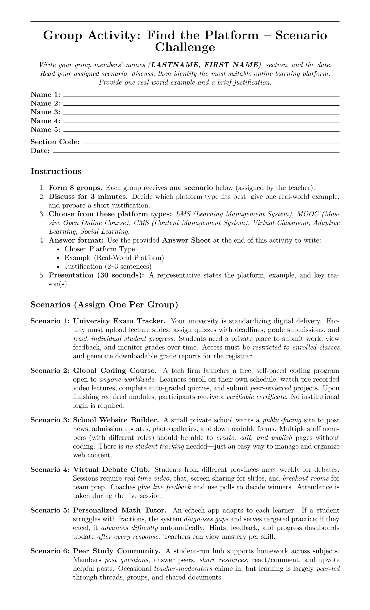 LITE 101 Group Activity: Online Learning Platform Scenarios - Studocu