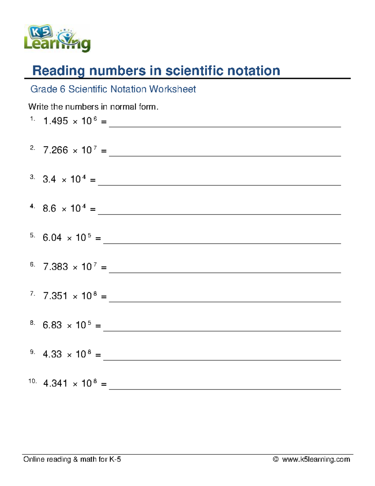 Grade 6 Scientific Notation Worksheet: Converting to Normal Form - Studocu