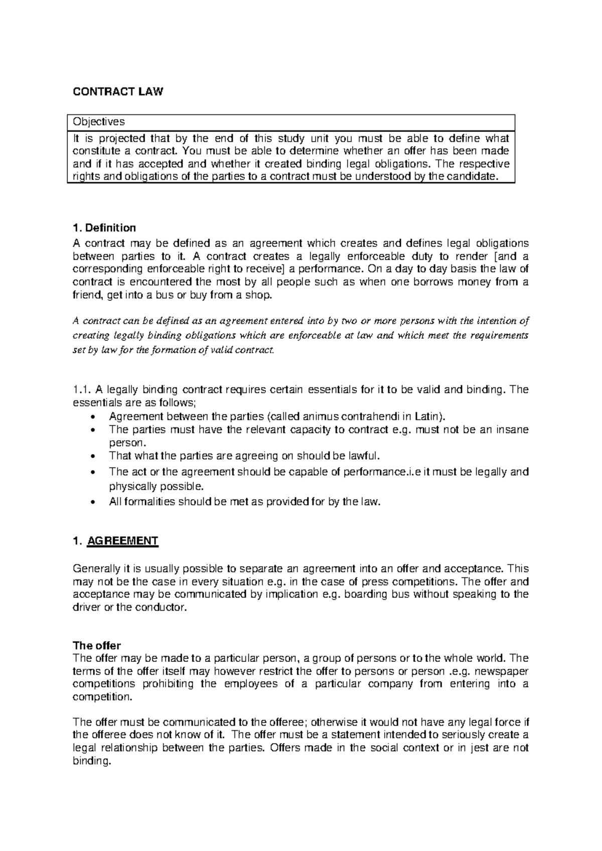 Contract Law - Topic 2: Essential Lecture Notes for 1st Year Students ...