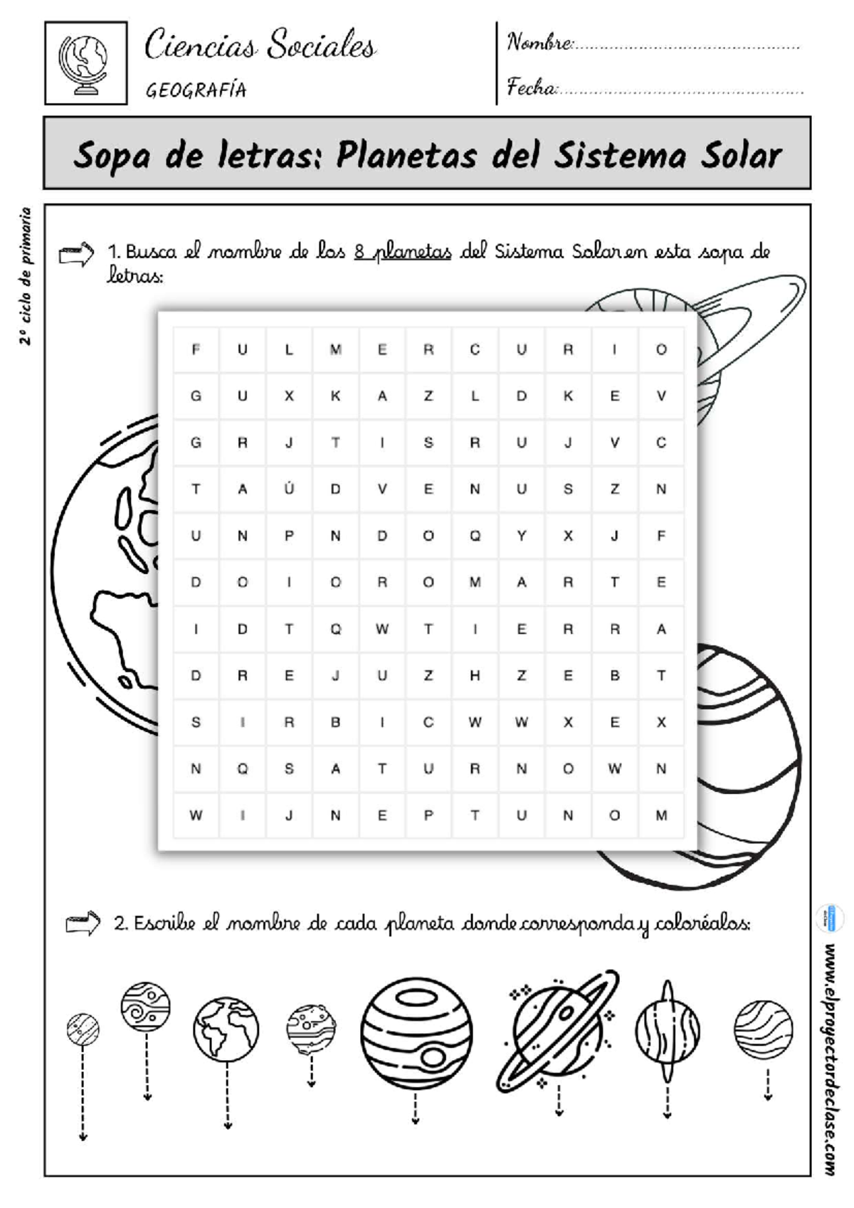 Sopa de letras Planetas del Sistema Solar facil - Busca el nombre de ...